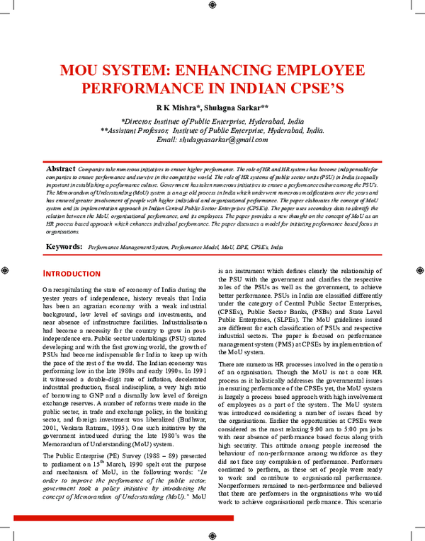(PDF) Mou SySteM: enhancing eMployee perforMance in indian cpSe'S