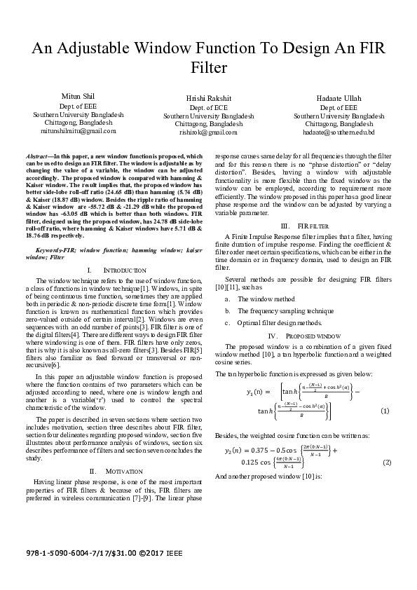 (PDF) Adjustable Window Function for FIR Filter Design