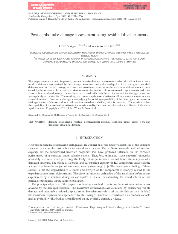(PDF) Post-earthquake damage assessment using residual displacements