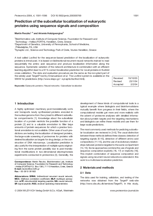Pdf Prediction Of The Subcellular Localization Of Eukaryotic Proteins Using Sequence Signals