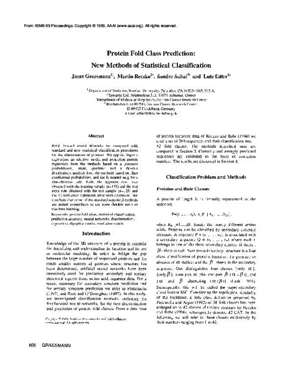 Pdf Protein Fold Class Prediction New Methods Of Statistical Classification