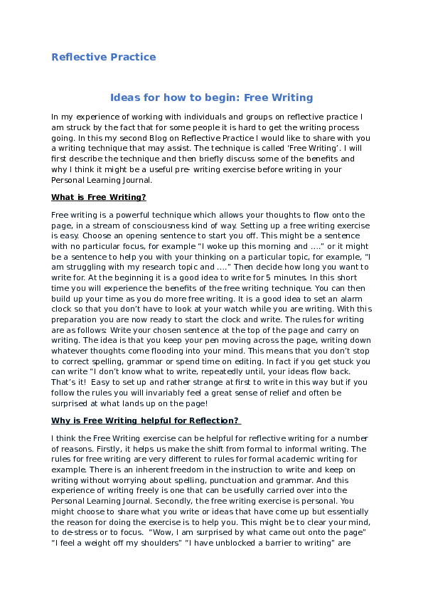 (DOC) Reflective Practice – Ideas for how to begin: Free Writing