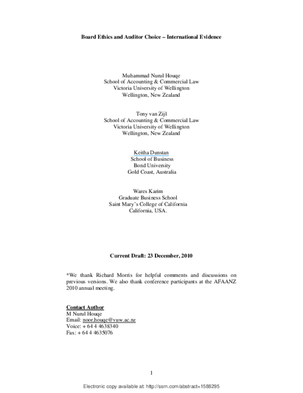 (PDF) Board Ethics and Auditor Choice – International Evidence