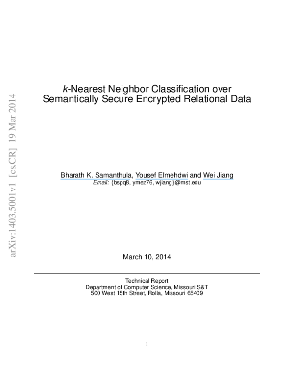 Pdf K Nearest Neighbor Classification Over Semantically Secure Encrypted Relational Data