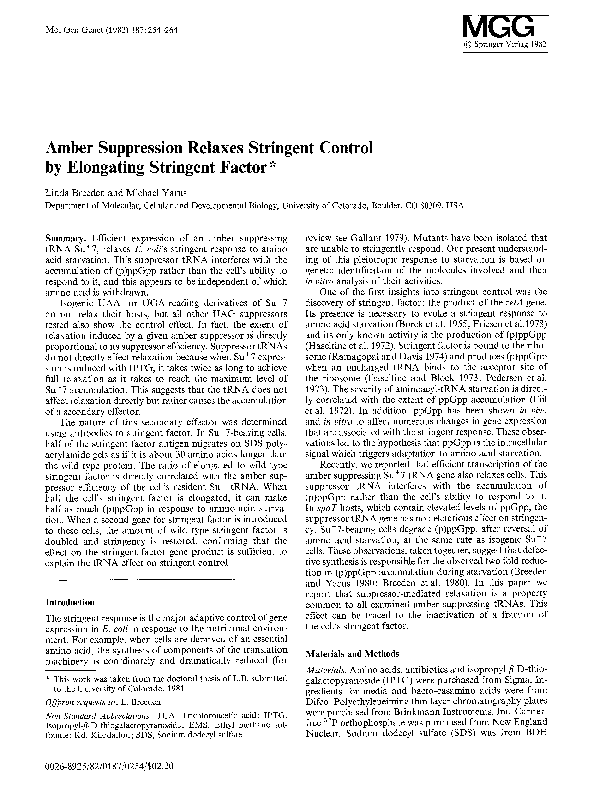 (PDF) Amber suppression relaxes stringent control by elongating ...