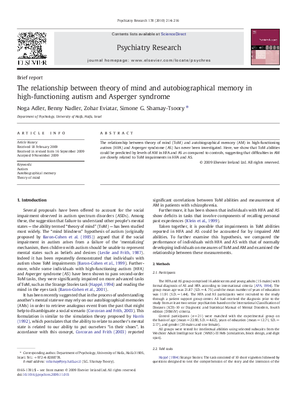 (PDF) The relationship between theory of mind and autobiographical ...