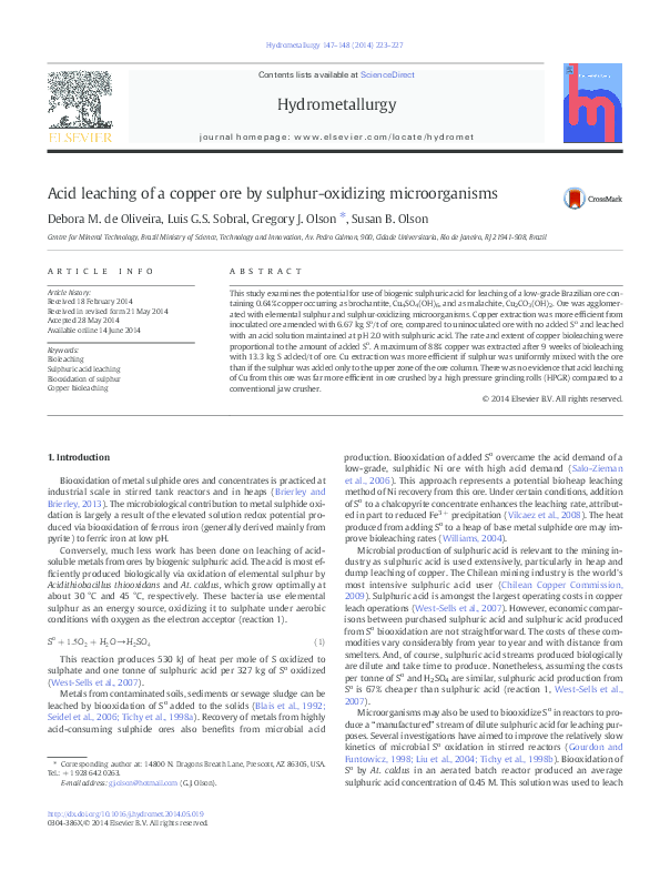 (PDF) Acid leaching of a copper ore by sulphur-oxidizing microorganisms