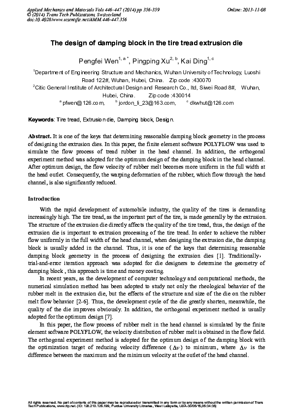 (PDF) The design of damping block in the tire tread extrusion die