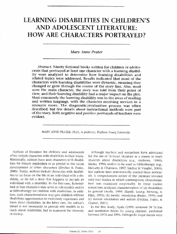 (PDF) Learning Disabilities in Children's and Adolescent Literature ...