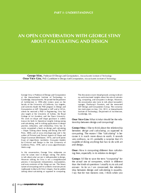 (PDF) An Open Conversation with George Stiny about Calculating and Design