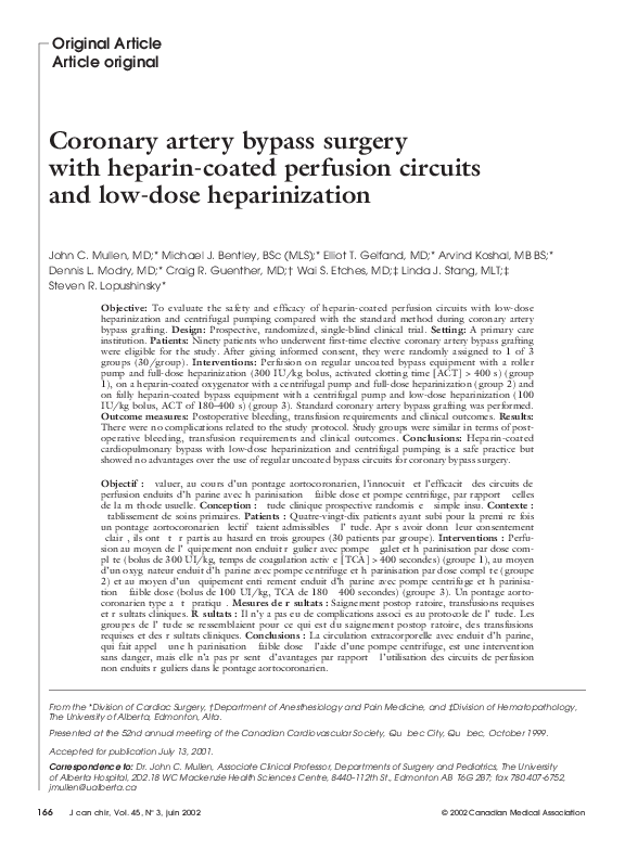 (PDF) Coronary artery bypass surgery with heparin-coated perfusion ...