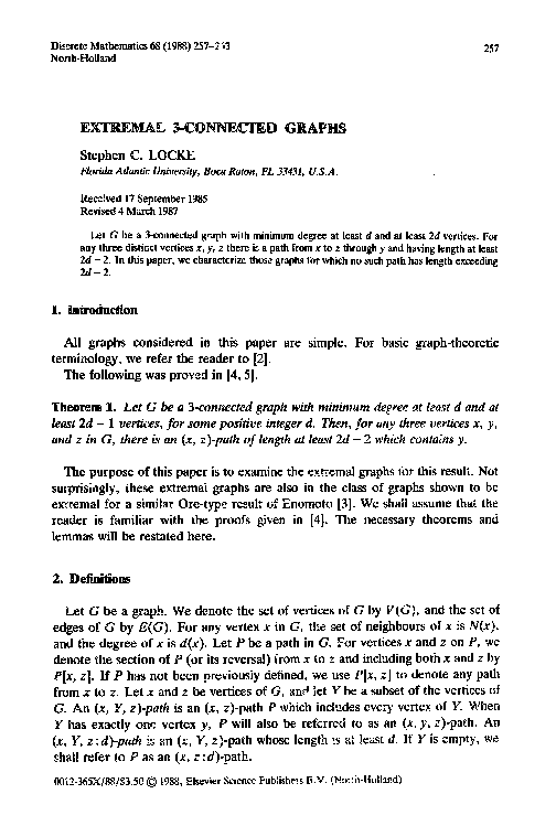 (PDF) Extremal 3-connected graphs | Stephen Locke - Academia.edu