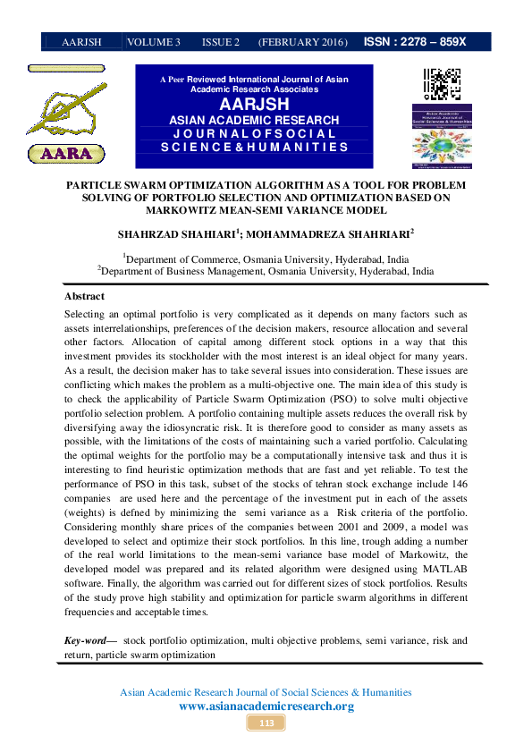 Pdf Particle Swarm Optimization Algorithm As A Tool For Problem Solving Of Portfolio Selection