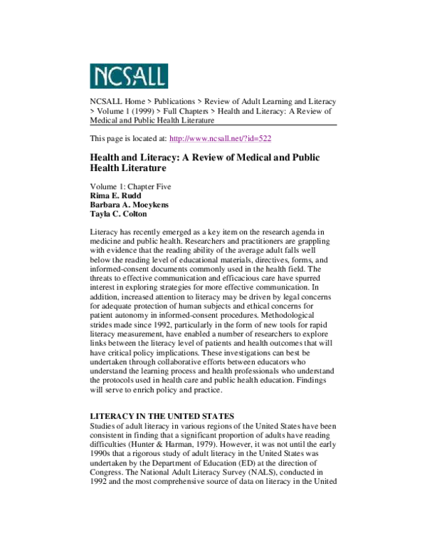 (PDF) Health and Literacy: A Review of the medical and public health ...