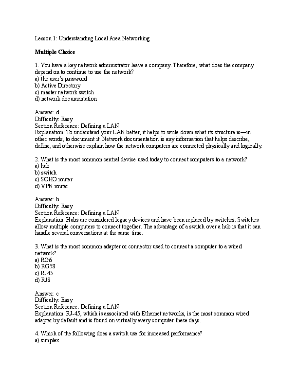 (DOC) Lesson 1: Understanding Local Area Networking Multiple Choice