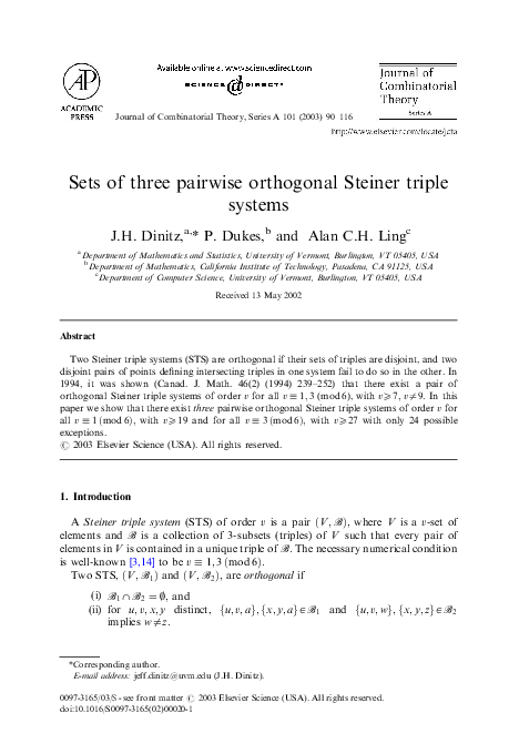 (PDF) Sets of three pairwise orthogonal Steiner triple systems