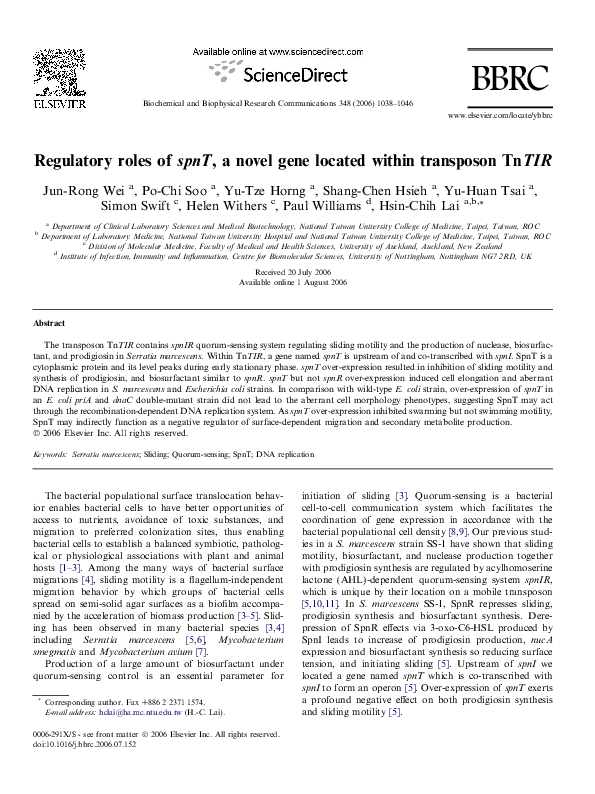 (PDF) Regulatory roles of spnT, a novel gene located within transposon ...