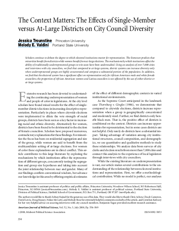 (PDF) The Context Matters: The Effects of Single-Member versus At-Large ...