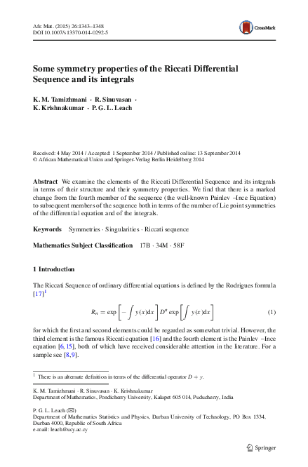 (PDF) Some symmetry properties of the Riccati Differential Sequence and its integrals