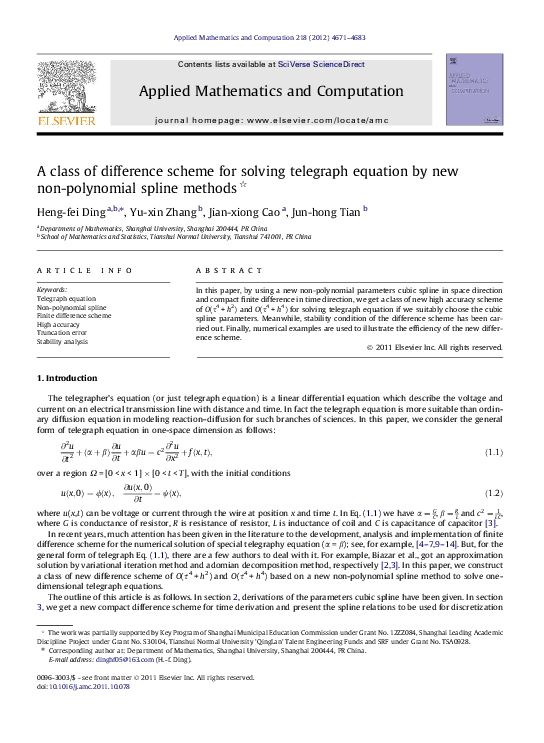 (PDF) A class of difference scheme for solving telegraph equation by new non-polynomial spline ...
