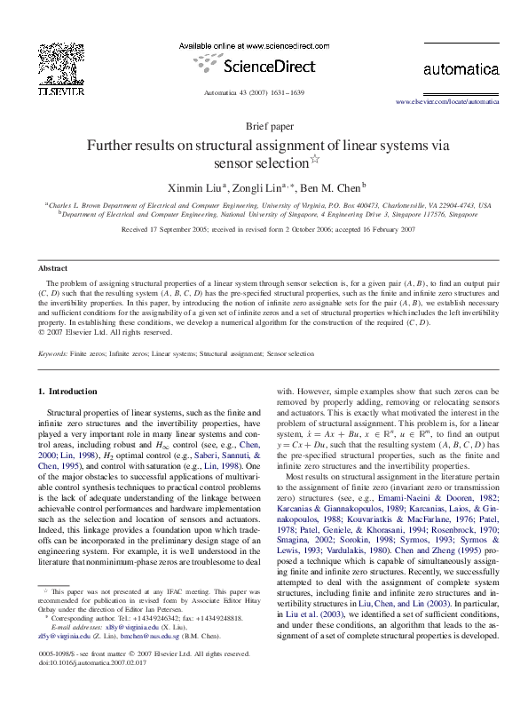 Pdf Further Results On Structural Assignment Of Linear Systems Via Sensor Selection