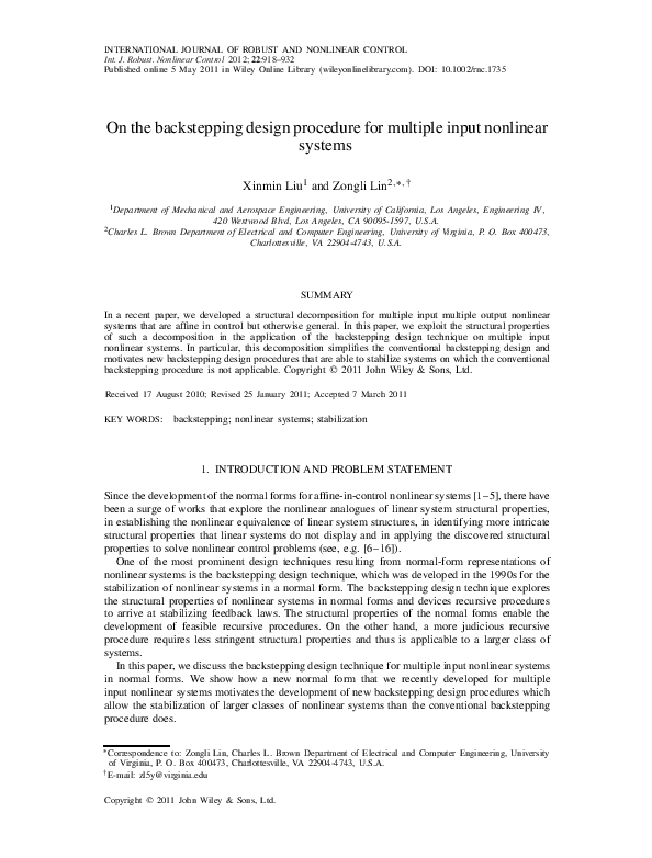 Pdf On The Backstepping Design Procedure For Multiple Input Nonlinear Systems