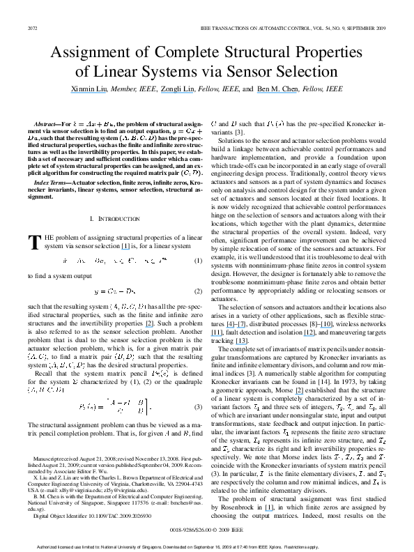 Pdf Assignment Of Complete Structural Properties Of Linear Systems Via Sensor Selection