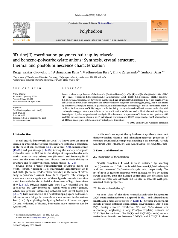 (PDF) 3D Zinc Coordination Polymers: Synthesis and Characterization