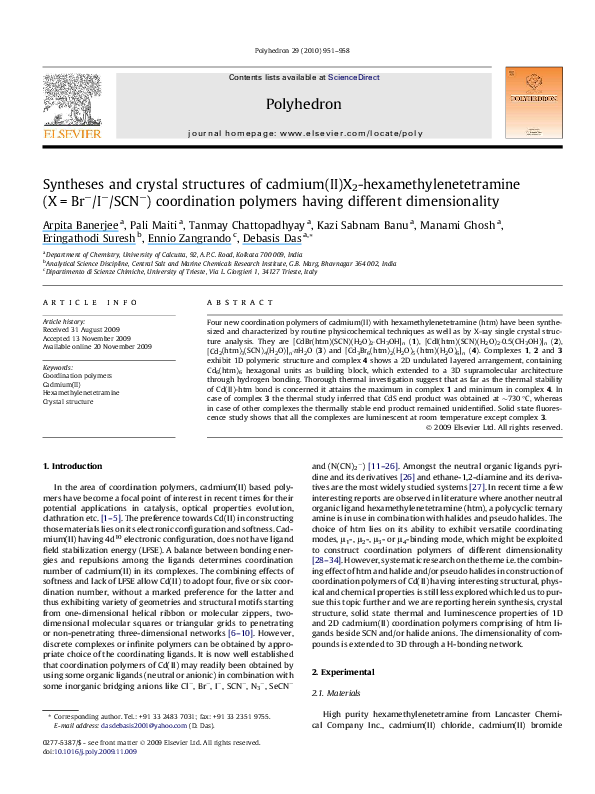 (PDF) Syntheses and crystal structures of cadmium(II)X2-hexamethylenetetramine (X = Br―/I―/SCN ...