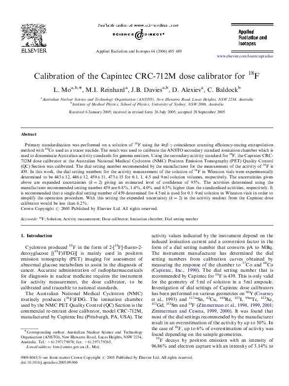 (PDF) Calibration of the Capintec CRC-712M dose calibrator for 18F