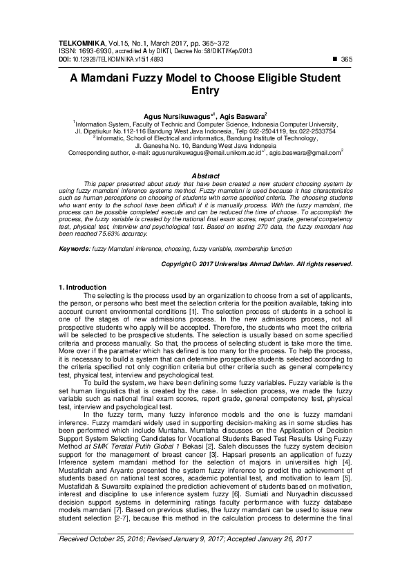 (PDF) A Mamdani Fuzzy Model to Choose Eligible Student Entry