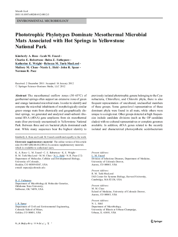 (PDF) Phototrophic Phylotypes Dominate Mesothermal Microbial Mats ...