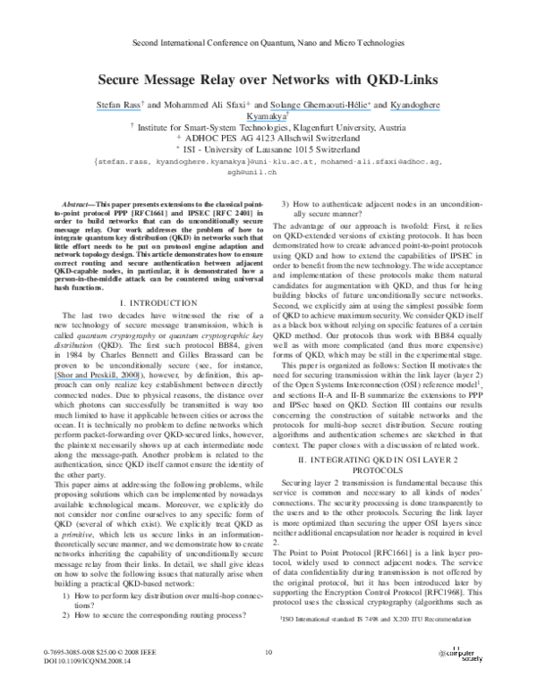 Pdf Secure Message Relay Over Networks With Qkd Links