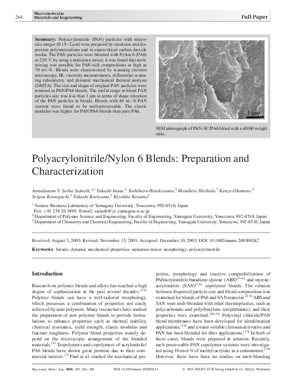 (PDF) Polyacrylonitrile/Nylon 6 Blends: Preparation and ...