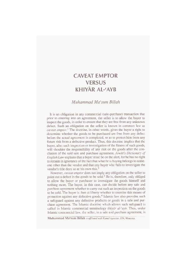 (PDF) Caveat Emptor vs Khiyar al Ayb