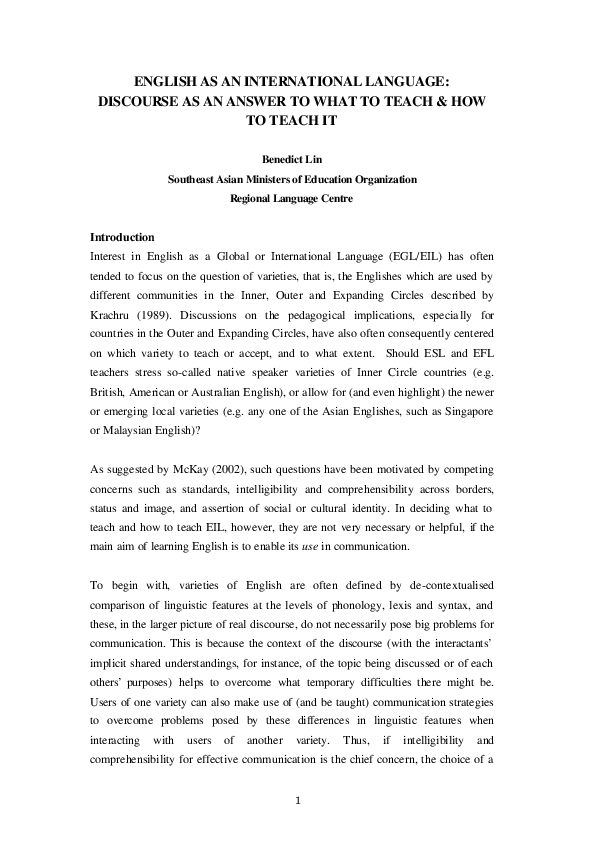 (PDF) English as an International Language: Discourse as an Answer to ...