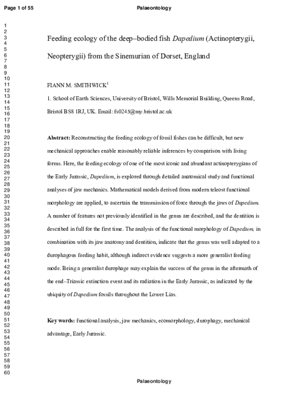 (PDF) Feeding ecology of the deep–bodied fish Dapedium (Actinopterygii ...