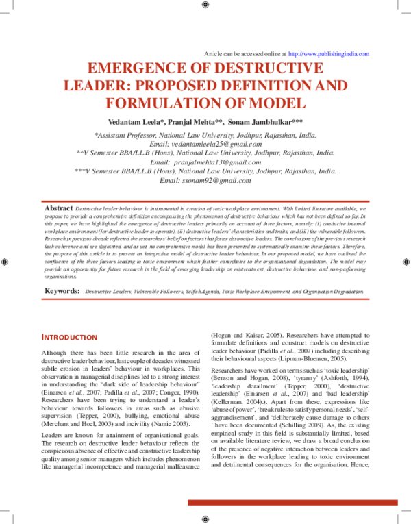 (PDF) Emergence of Destructive Leader: Proposed Definition and ...