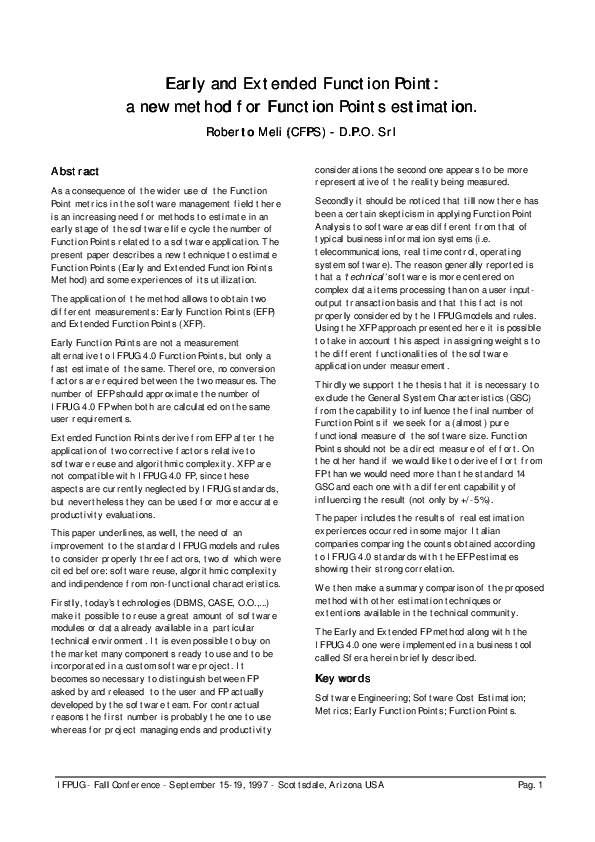 Pdf Early And Extended Function Point A New Method For Function Points Estimation Roberto