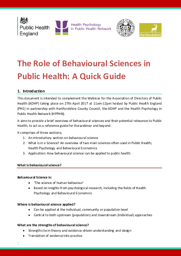 (PDF) The Role of Behavioural Sciences in Public Health: A Quick Guide