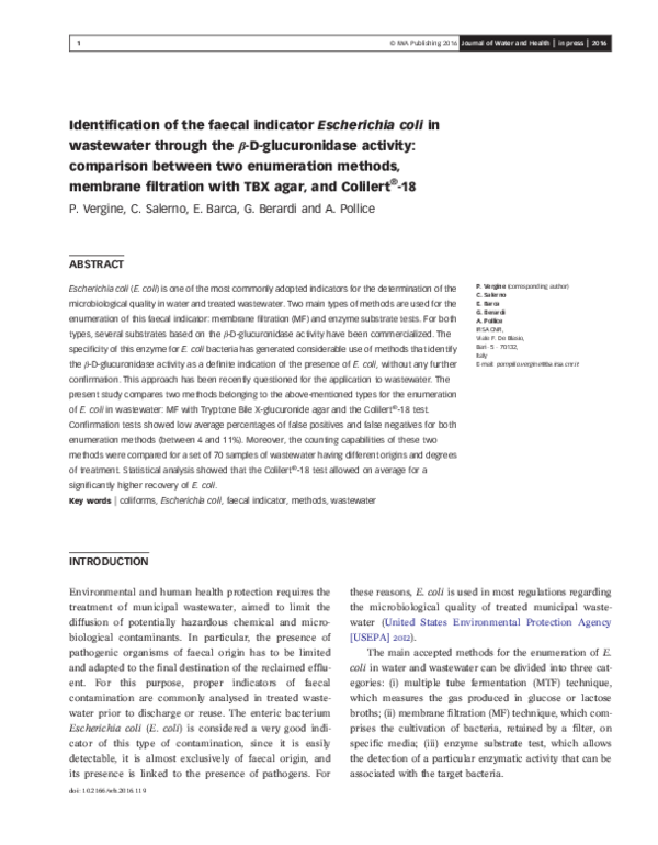 Pdf Identification Of The Faecal Indicator Escherichia Coli In