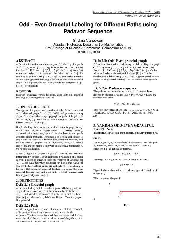 (PDF) Odd -Even Graceful Labeling for Different Paths using Padavon Sequence