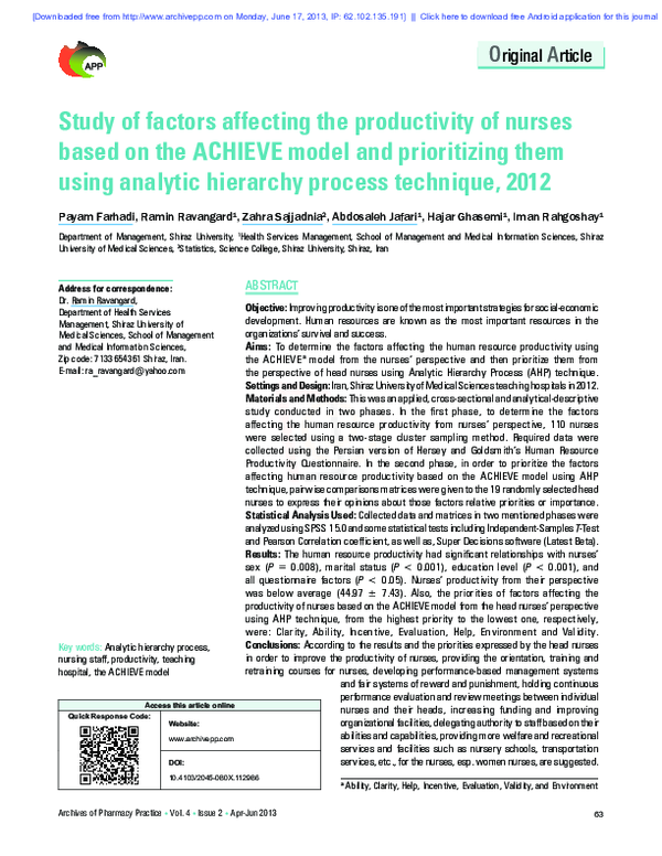 (PDF) Study of factors affecting the productivity of nurses based on the ACHIEVE model and ...