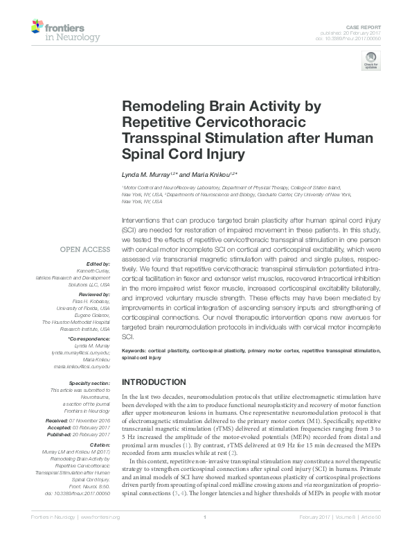 (PDF) Remodeling Brain activity by Repetitive Cervicothoracic transspinal stimulation after ...