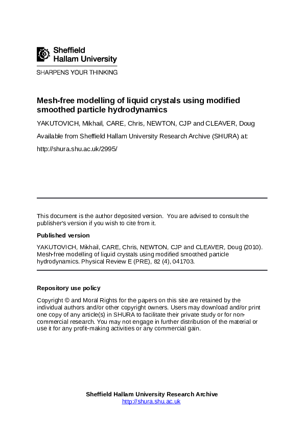 Pdf Mesh Free Modeling Of Liquid Crystals Using Modified Smoothed Particle Hydrodynamics