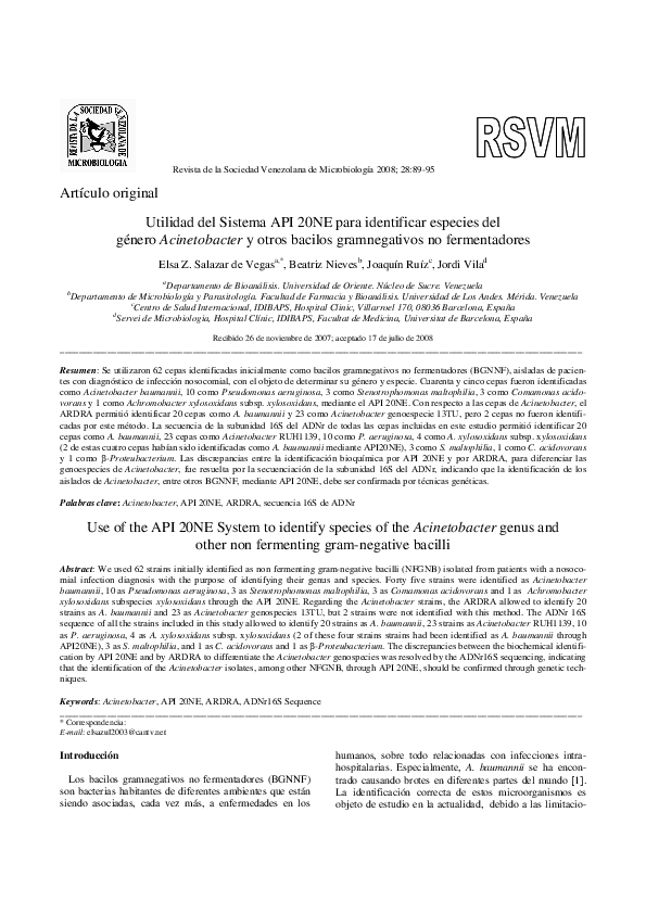 (PDF) Utilidad del API 20NE para la identificacion de BGNNF