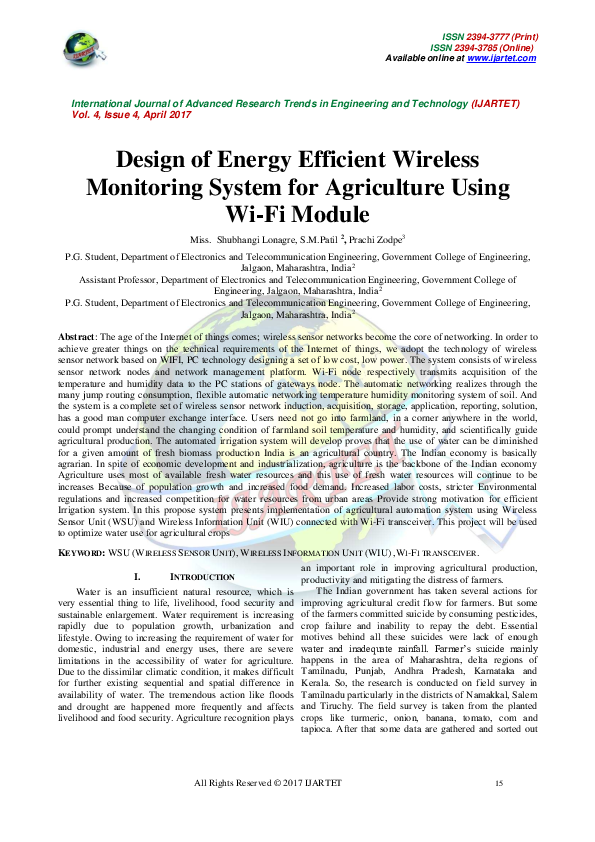 (PDF) Design of Energy Efficient Wireless Monitoring System for Agriculture Using Wi-Fi Module
