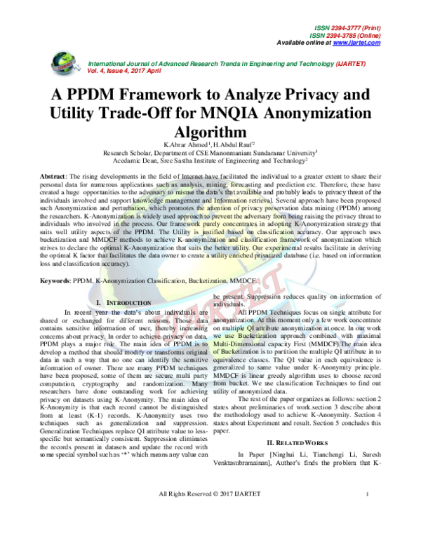 (PDF) A PPDM Framework to Analyze Privacy and Utility Trade-Off for ...