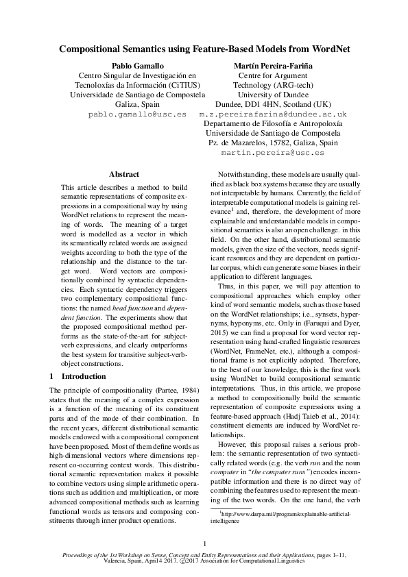 (PDF) Compositional Semantics using Feature-Based Models from WordNet