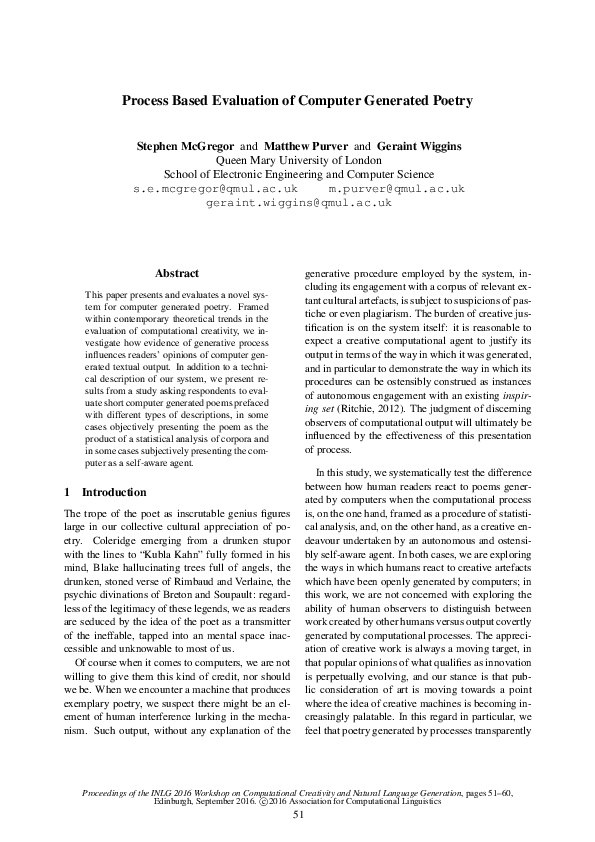 (PDF) Process Based Evaluation of Computer Generated Poetry